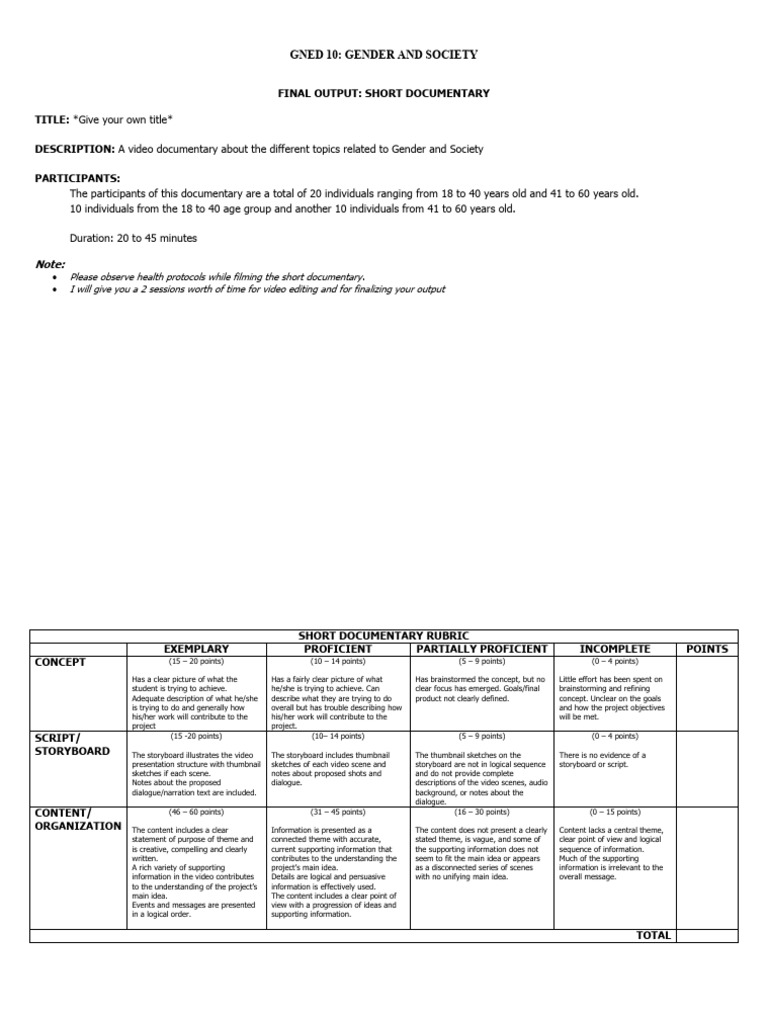 GNED 10 - Rubric - Short Documentary | PDF