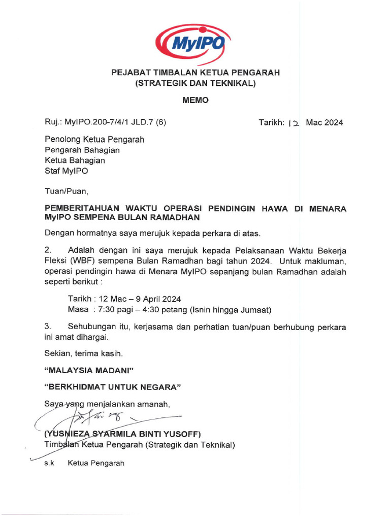 Memo Waktu Operasi Pendingin Hawa Sempena Bulan Ramadhan | PDF