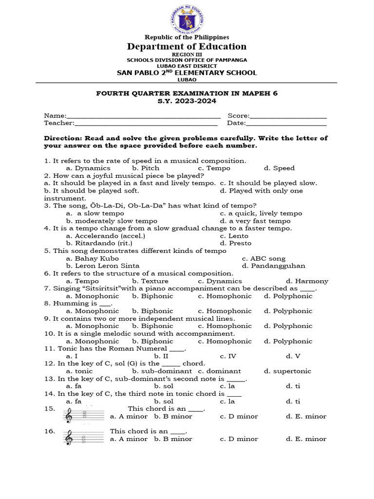 MAPEH 6 Fourth Quarter Exam 2023-2024 | PDF | Chord (Music) | Collage