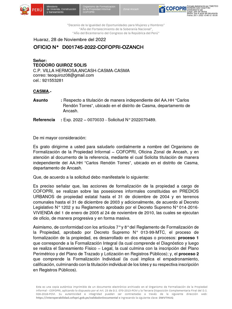 Oficio N d001745 2022 Cofopri Ozanch | PDF | Propiedad | Justicia