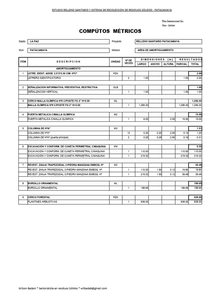 Computos Metricos Infraestructura Relleno Sanitario Patacamaya | PDF | Procesos industriales ...