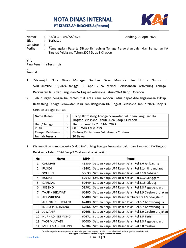 Nota Dinas Internal: PT Kereta Api Indonesia (Persero) | PDF