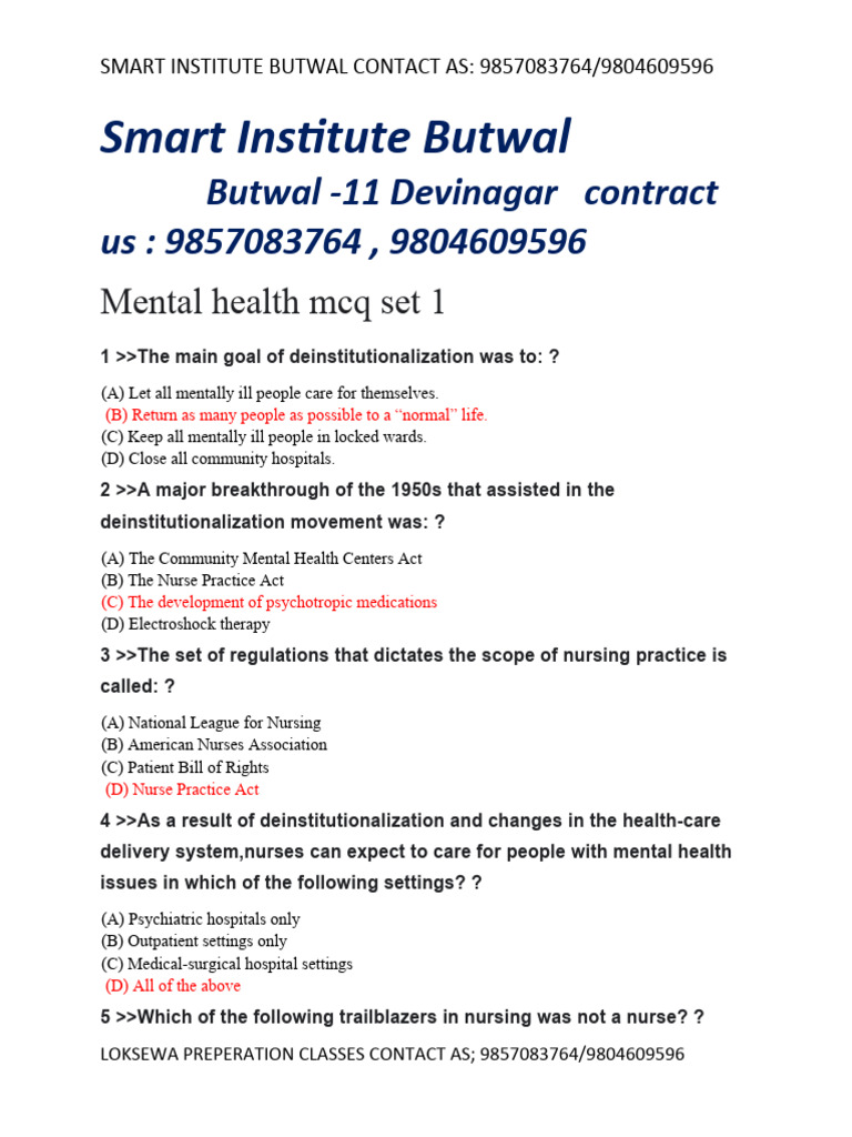 Mental Health MCQ Set 1 | PDF | Personality Disorder | Mental Disorder