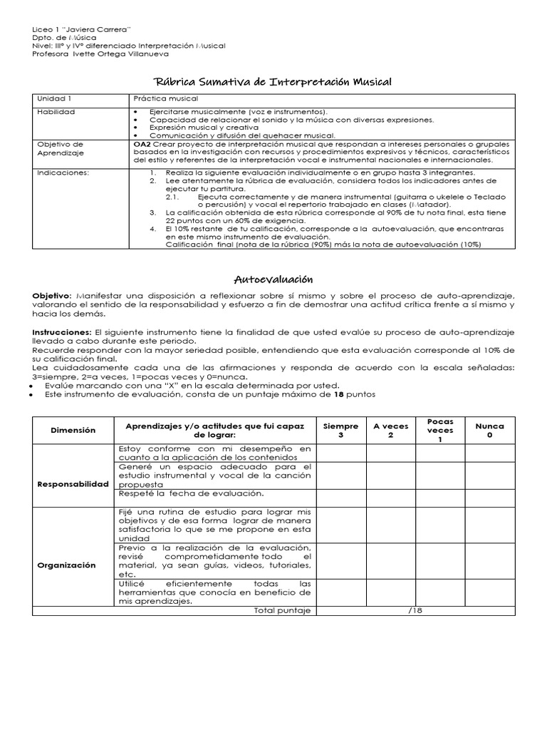Rúbrica Interpretación Musical PDF | PDF | Evaluación | Canciones