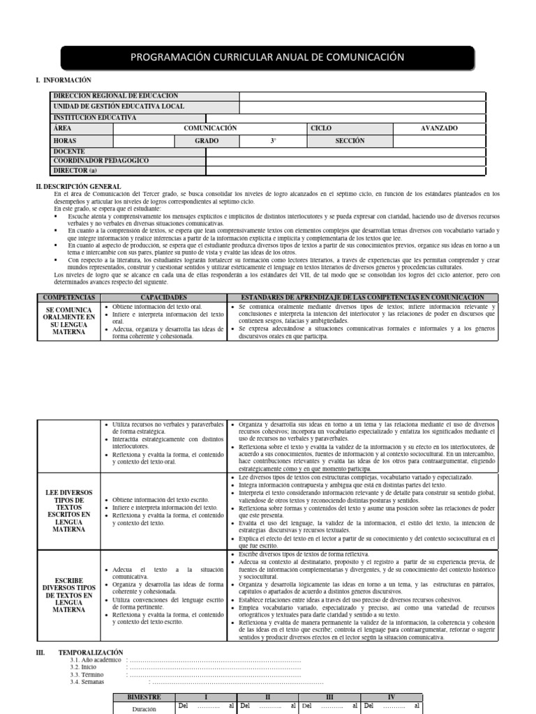 3ro Programacion Anual Comunicación | PDF | Aprendizaje | Enseñando