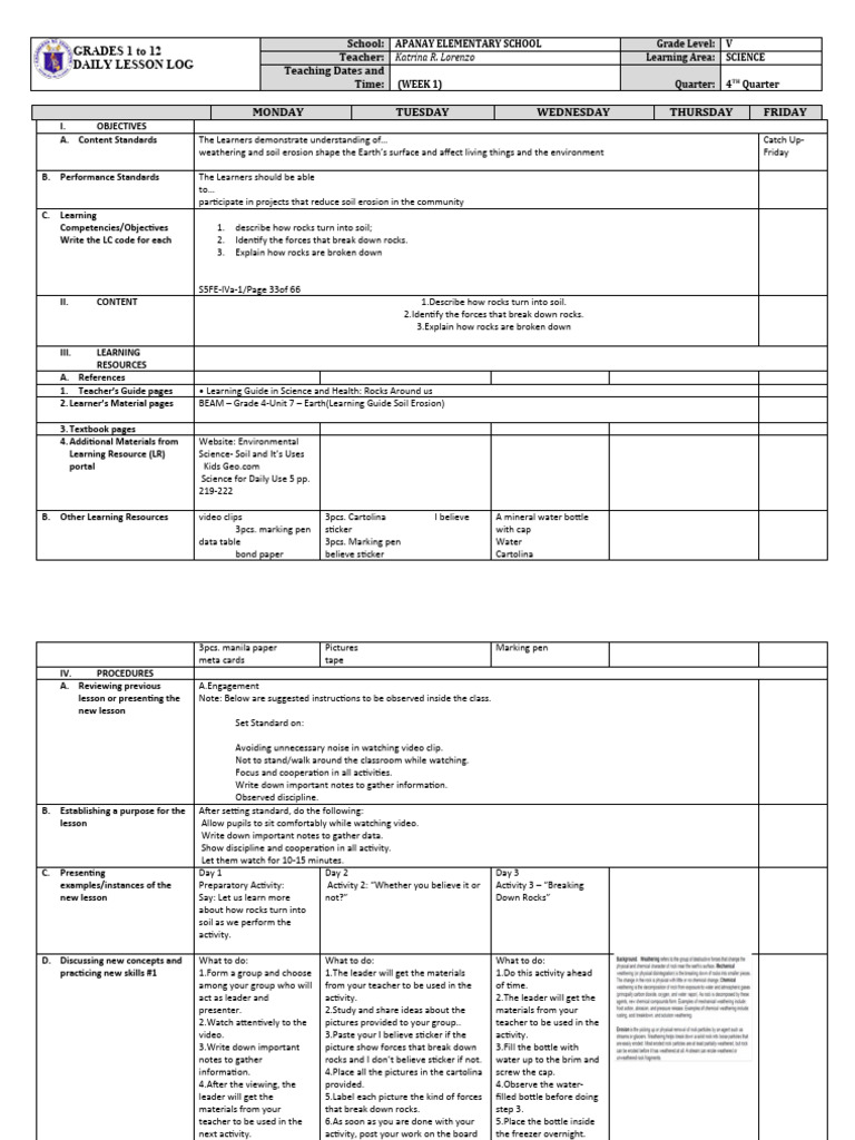 Grade 5 DLL SCIENCE 5 Q4 Week 1 | PDF | Learning | Teachers