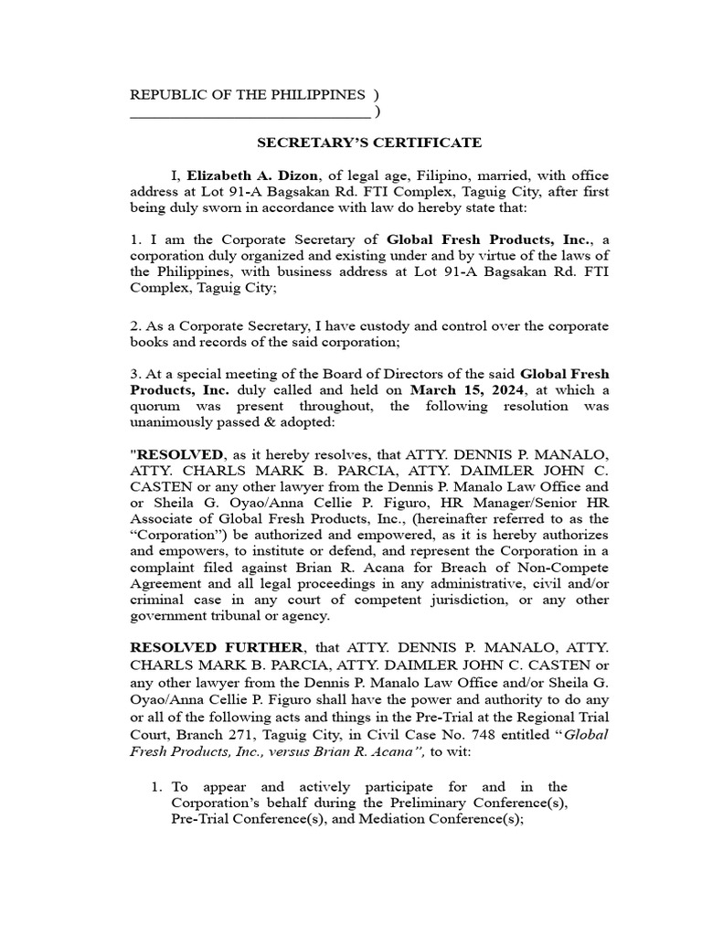 Secretary Certificate for Legal Representation | PDF | Trials | Justice