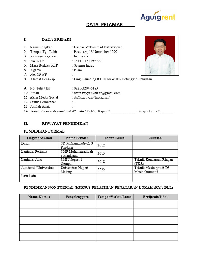 Formulir Isian Data Pelamar | PDF