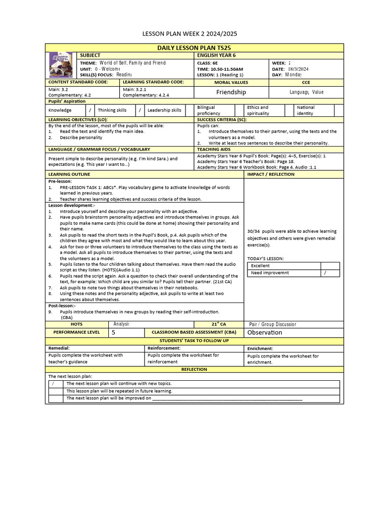 Lesson Plan Week 2 2024/2025 | PDF | Lesson Plan | Teachers