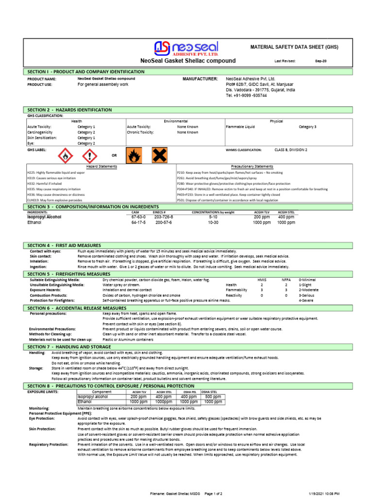 Gasket Shellac MSDS | PDF | Firefighting | Water