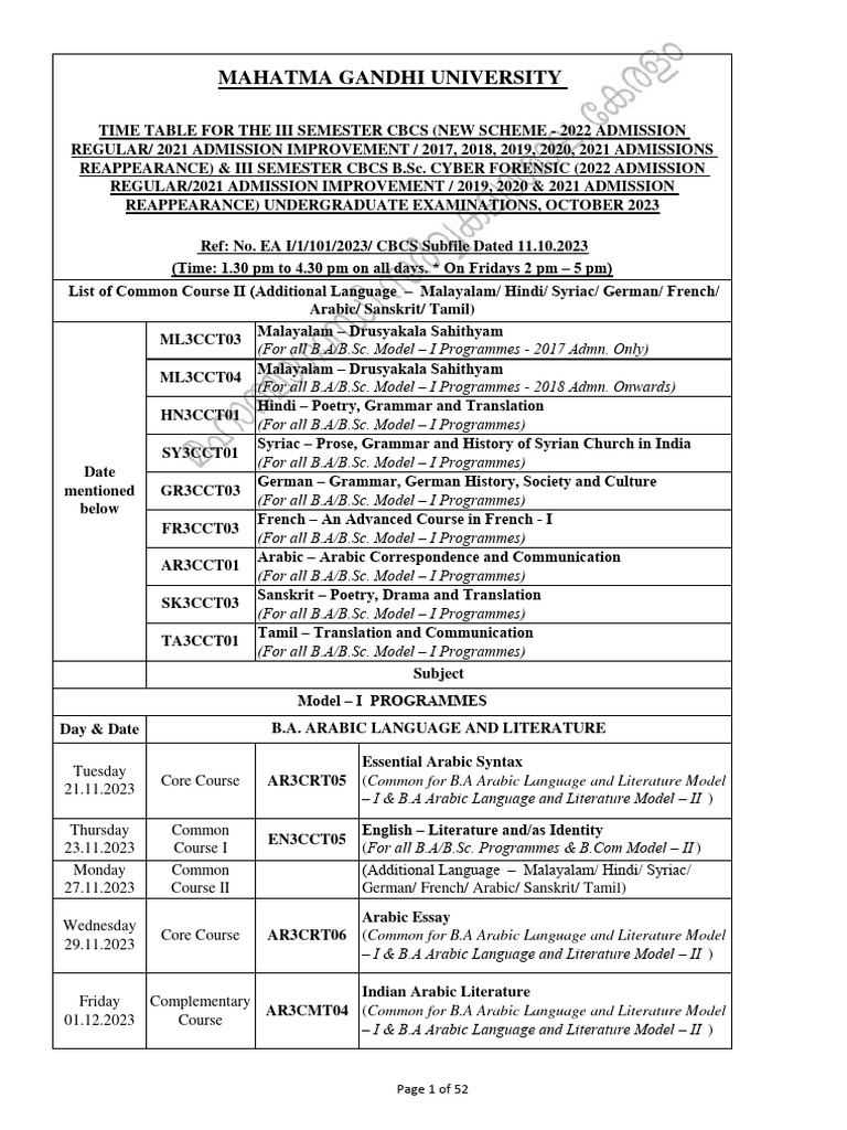 III Semester CBCS 2022 Admission Exams TT 2023 2 | PDF | Science | Tamil Language