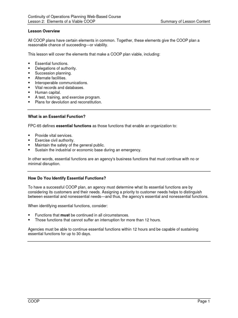 Key Elements of a Viable COOP Plan | PDF | Interoperability