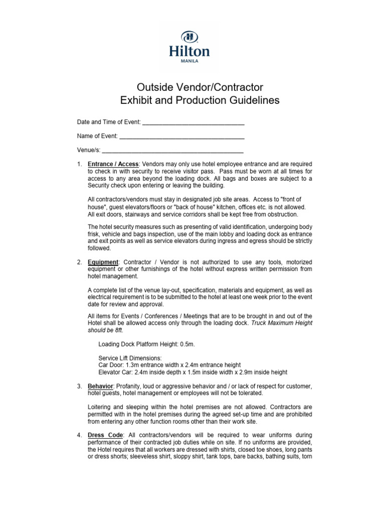 Vendor Guidelines for Hotel Events | PDF | Indemnity | Elevator