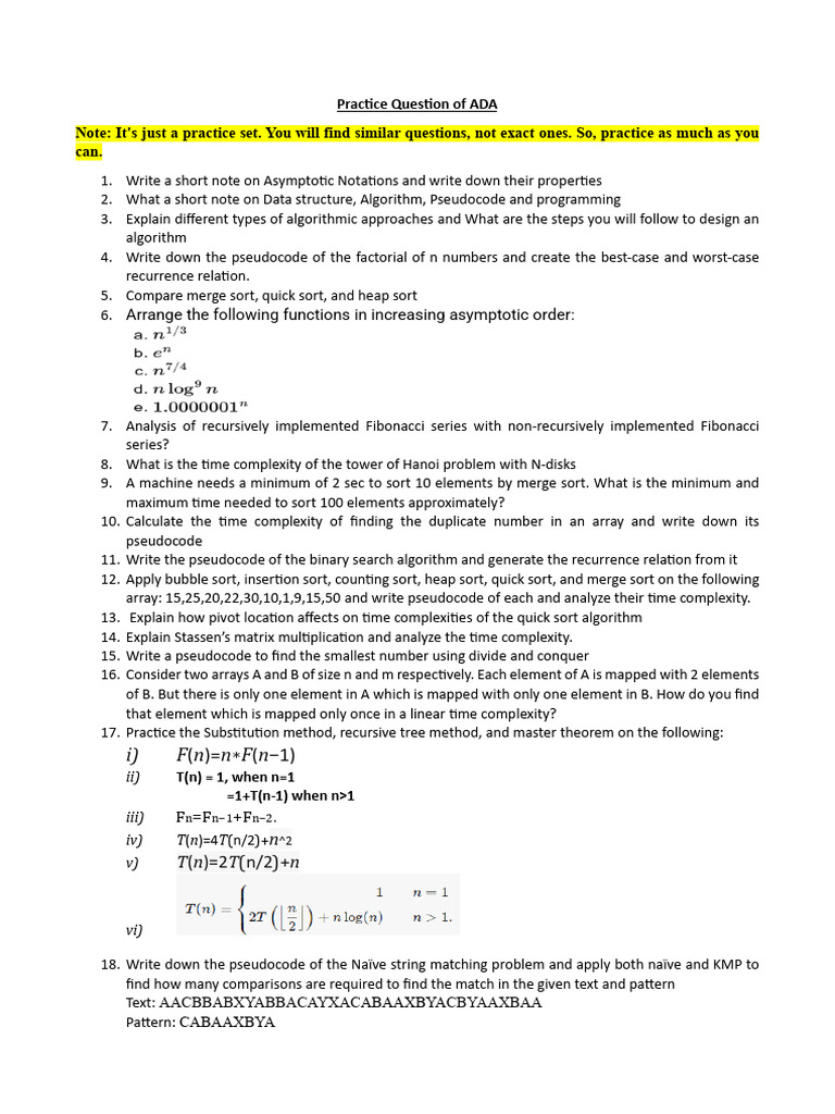 Practice Question Of Ada Pdf Time Complexity Algorithms