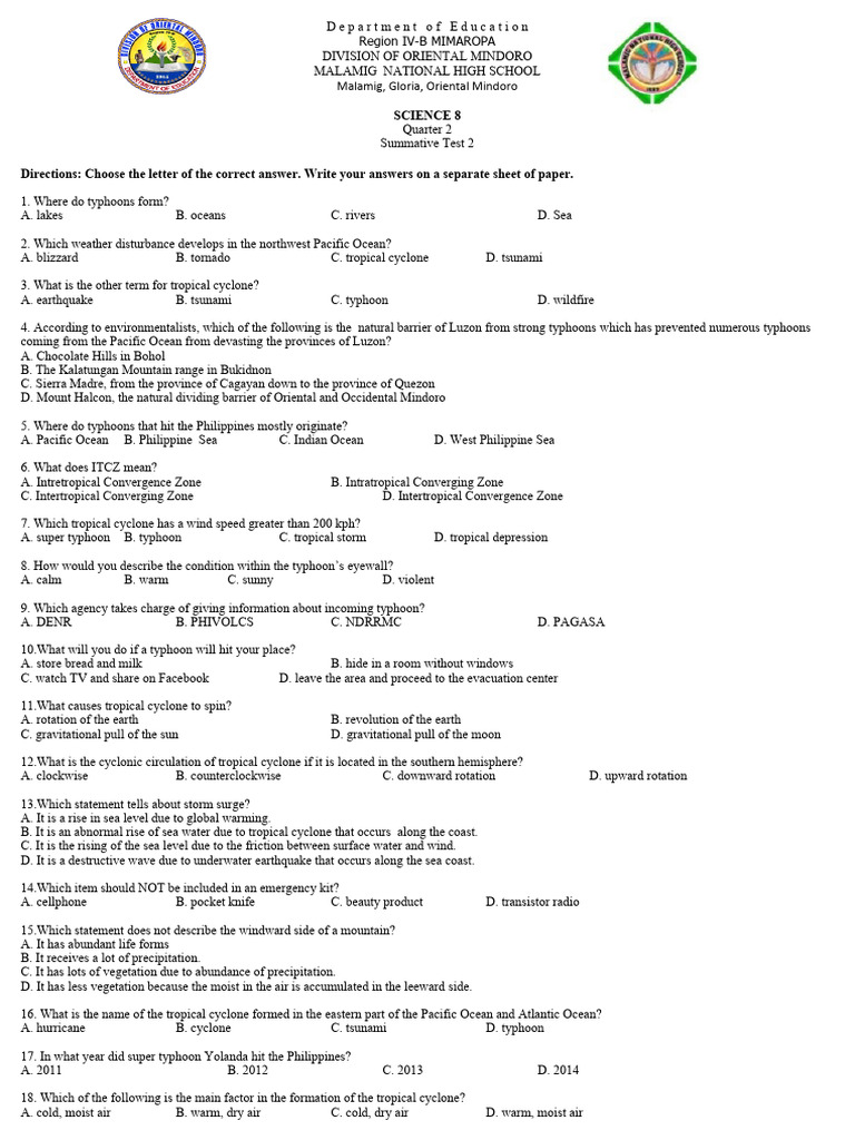 Q2 G8 Summative Test 2 Typhoon | PDF | Tropical Cyclones | Precipitation