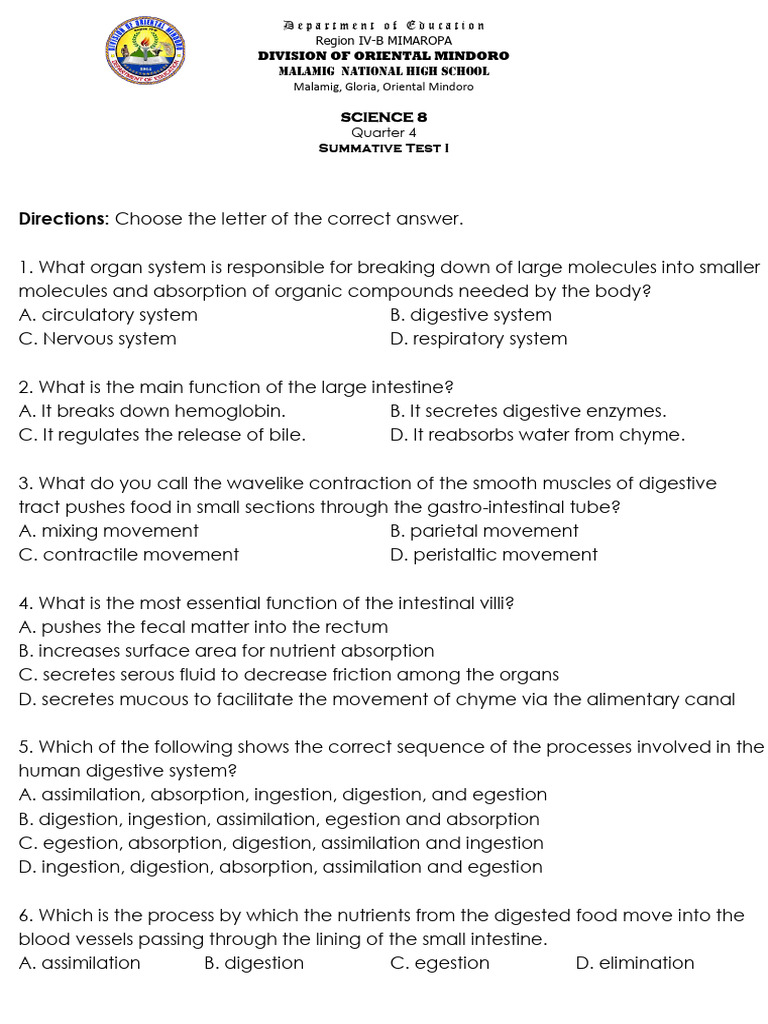 Q4 G8 Summative Test 1 M1 M2 M3 | PDF | Digestion | Gastrointestinal Tract