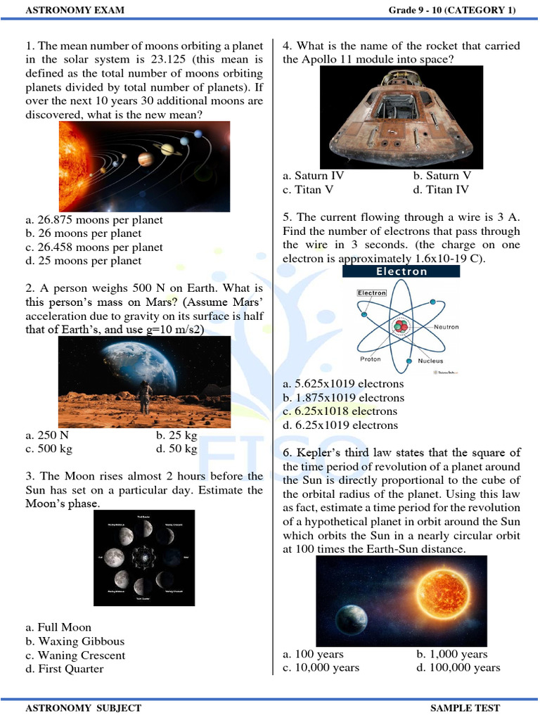 Astronomy Category 1 9th - 10th Grades SAMPLE TEST | PDF | Planets ...
