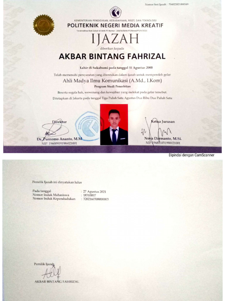 Ijazah Dan Transkrip Nilai - Akbar Bintang F - Polimedia | PDF