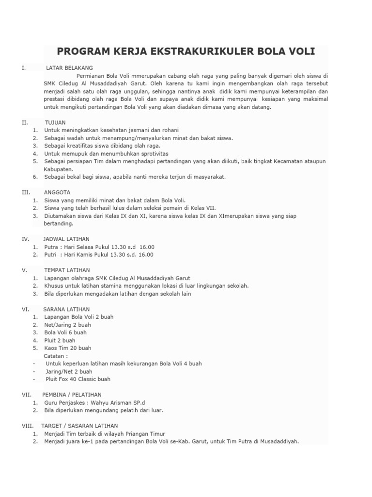Program Kerja Ekstrakurikuler Bola Voli | PDF Program Kerja Ekstrakurikuler Bola Voli | PDF