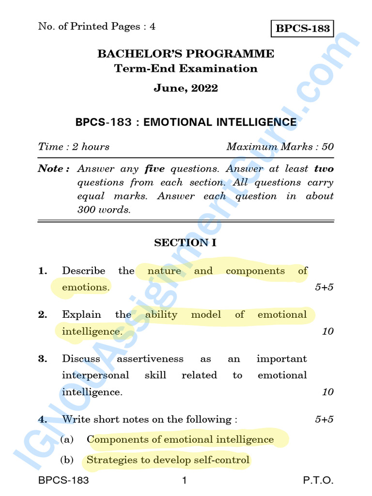 June - 2022 BPCS-183 | PDF | Emotional Intelligence | Applied Psychology