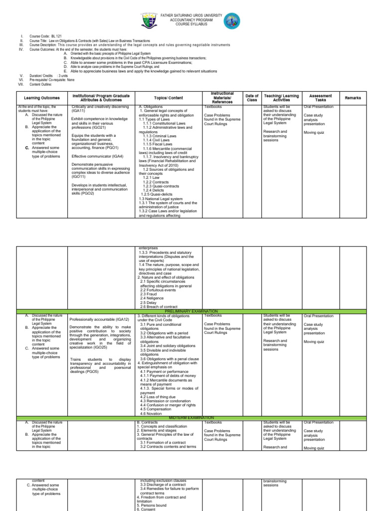 Syllabus For BL121 OBLI - CON | PDF | Justice | Crime & Violence