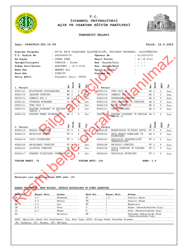 Transkript NotKartı 4114200273 1694516092 | PDF