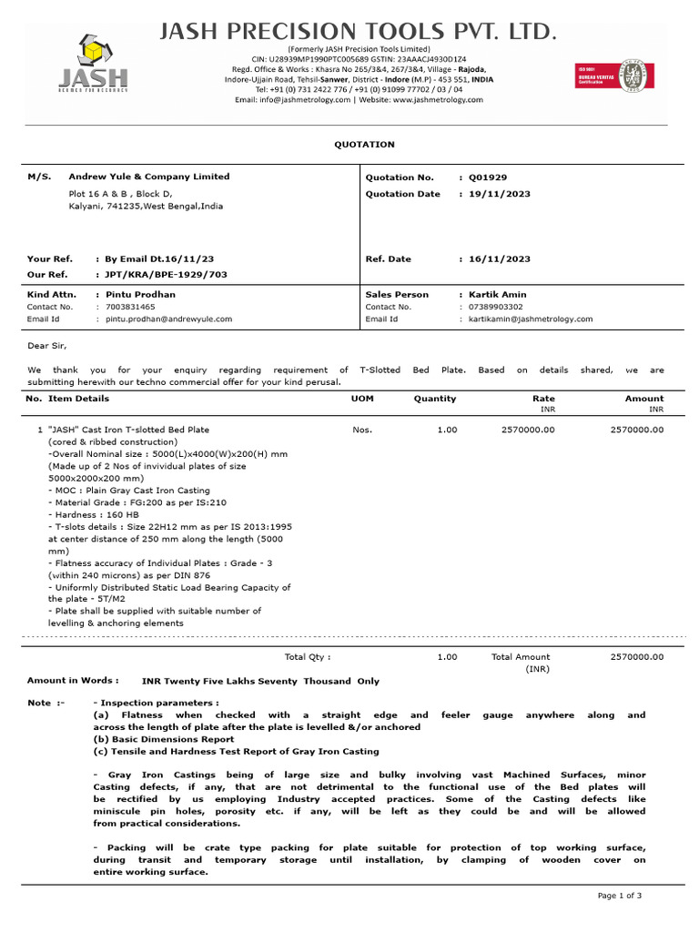 T-Slotted Bed Plate Quotation | PDF | Taxes | Receipt