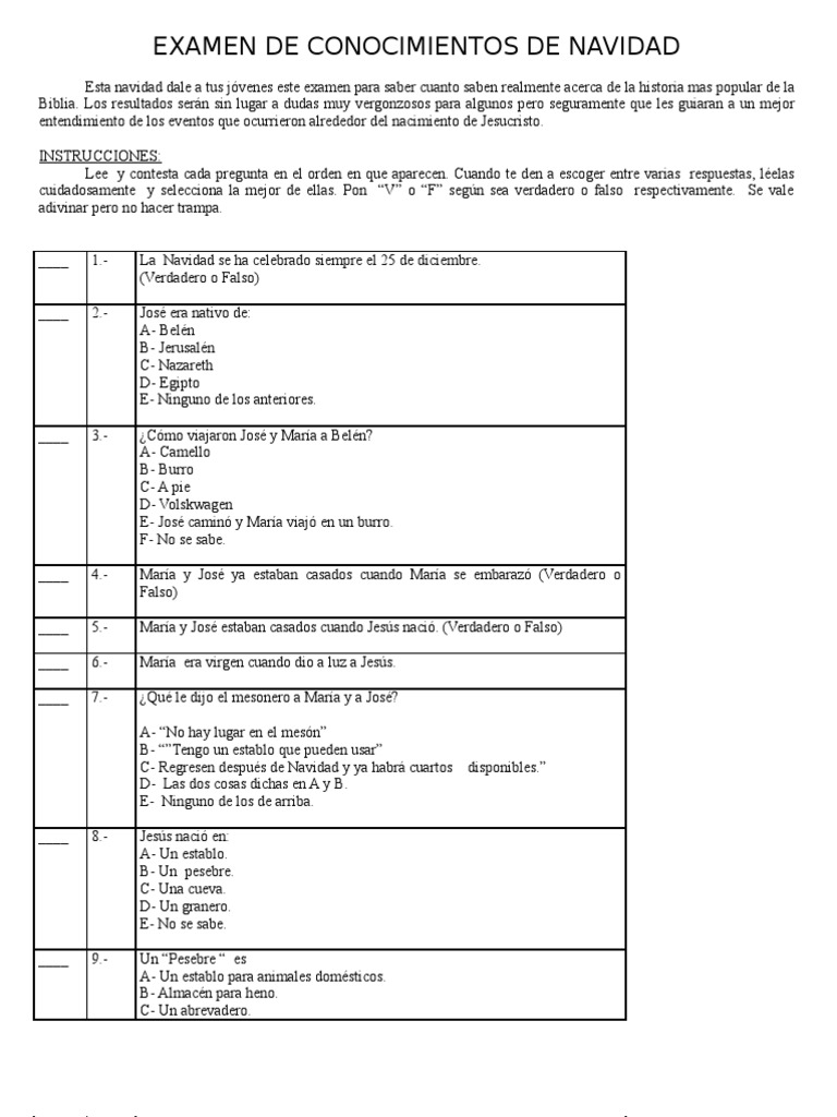 Examen de Conocimiento de La Navidad | PDF | María, madre de Jesús ...
