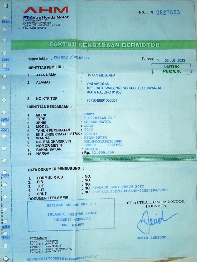Faktur Kendaraan Bermotor | PDF