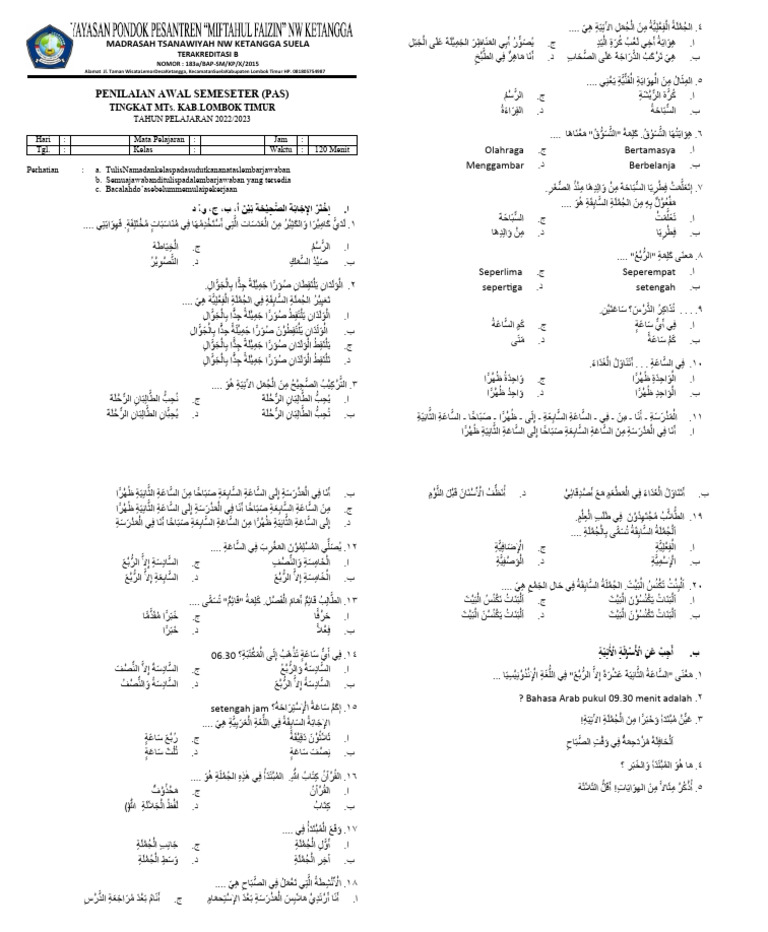 soal PAS1 bhs arab 8 mts -2022 (1) | PDF