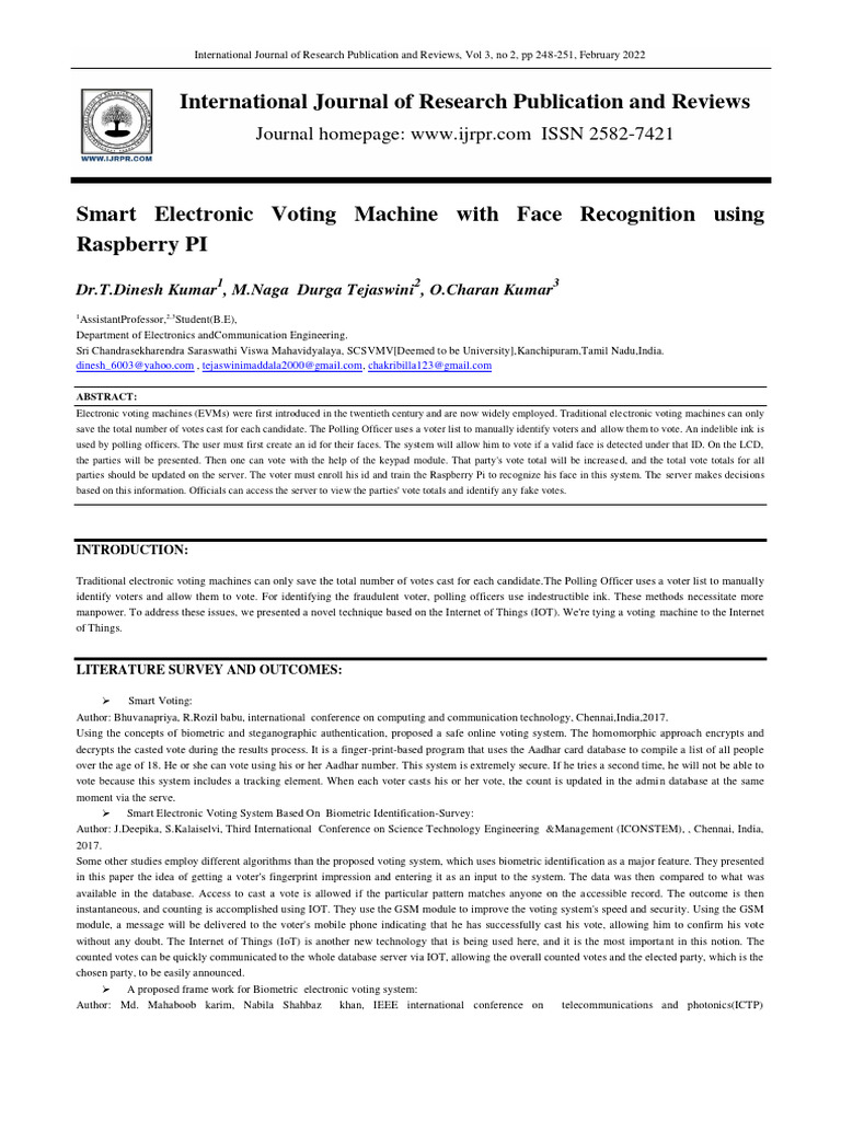 Ijrpr2623 Smart Electronic Voting Machine With Face Recognition Using ... Ijrpr2623 Smart Electronic Voting Machine With Face Recognition Using ...