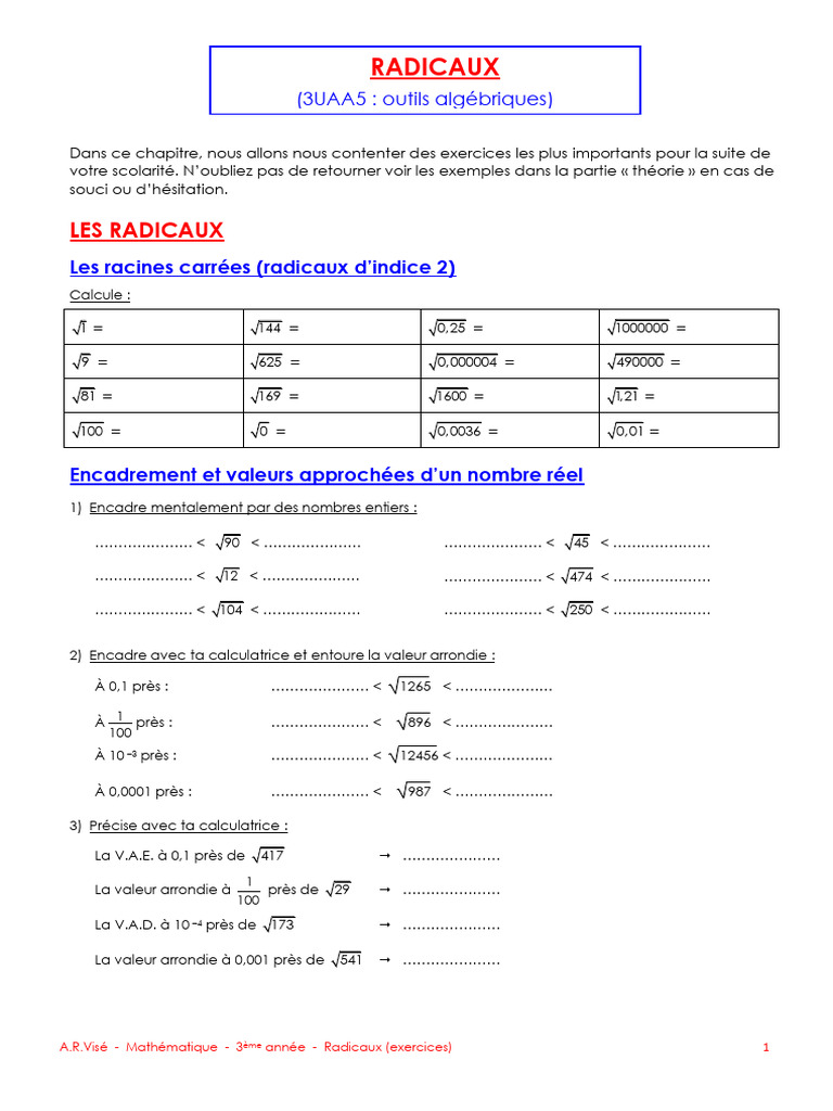 Exercices sur les radicaux en 3ème | PDF | Mathématiques | Algèbre