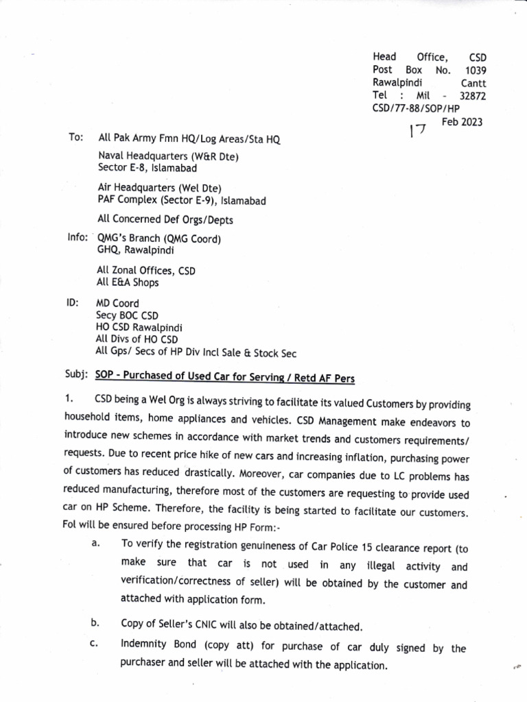 SOP Purchase of Used Car | PDF