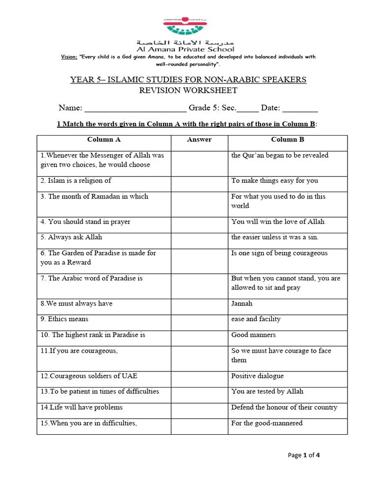 Year 5 Islamic Studies Revision Worksheet | PDF | Prophets And ...