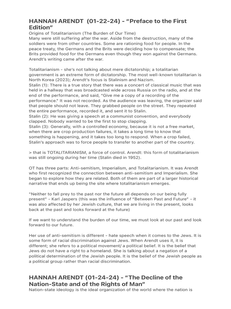 HANNAH ARENDT CLASS NOTES (01-22-24) - “Preface to the First Edition ...