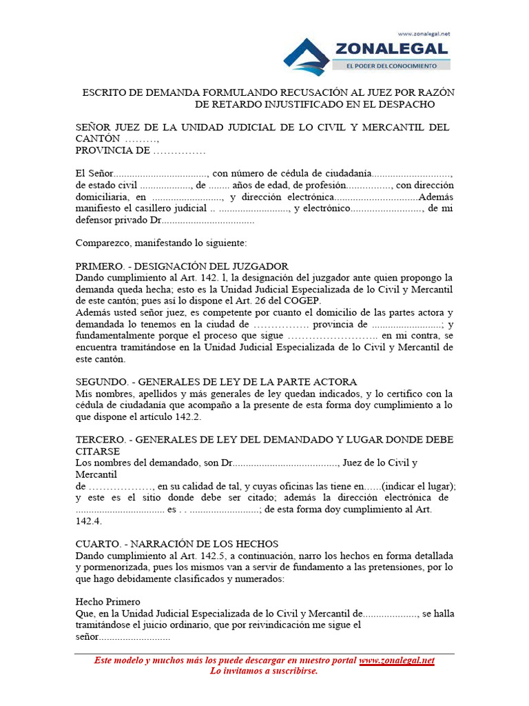 2.258. Demanda Formulando Recusacion Al Juez Por Razon de Retardo Injustificado en El Despacho ...