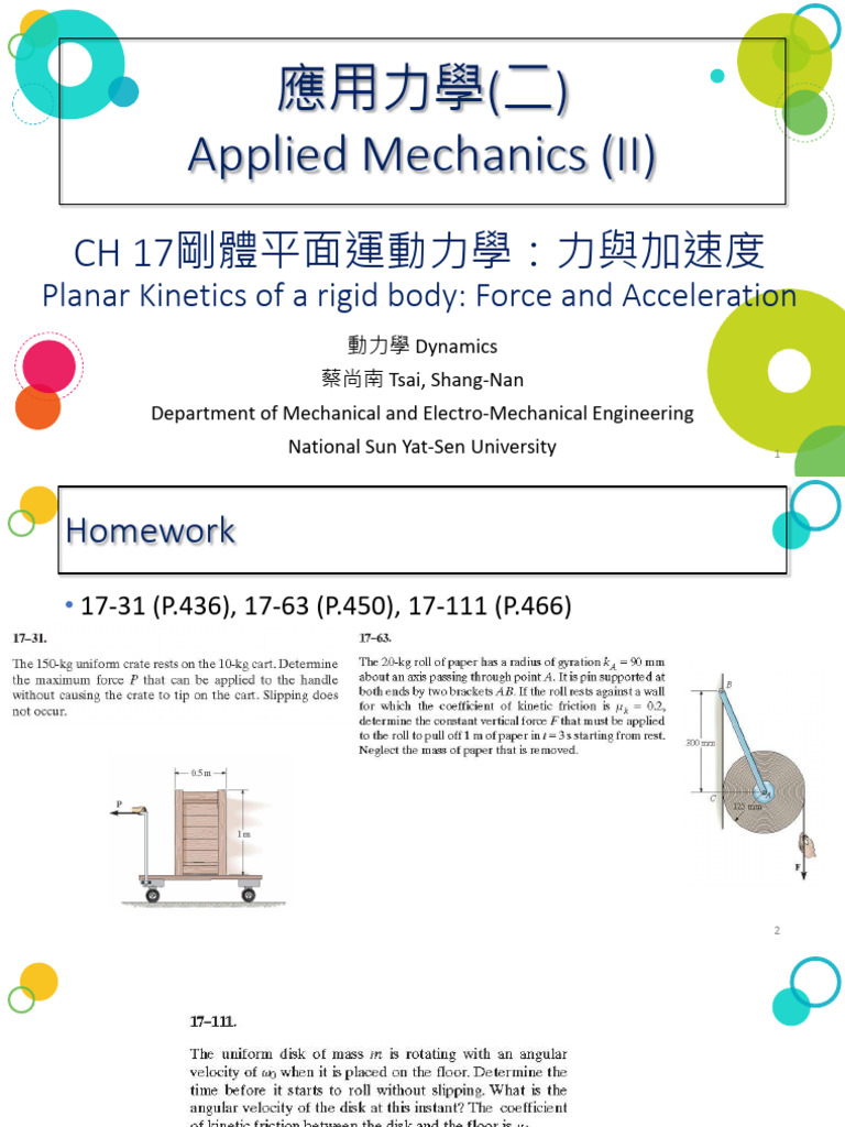 Planar Kinetics: Force & Acceleration | PDF | Rotation Around A Fixed Axis | Acceleration