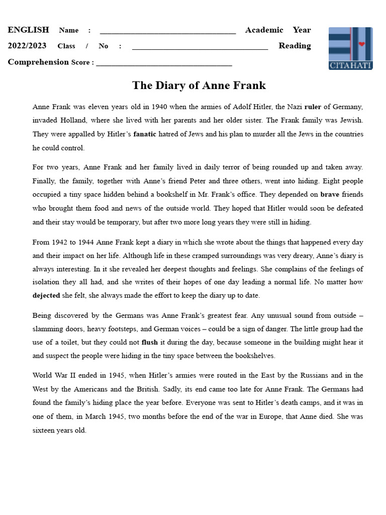 Anne Frank (Reading) 2 | PDF | Anne Frank | Adolf Hitler