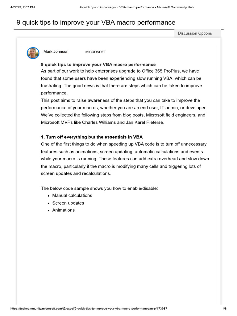 9 Quick Tips To Improve Your Vba Macro Performance Microsoft Community Hub Pdf Microsoft 