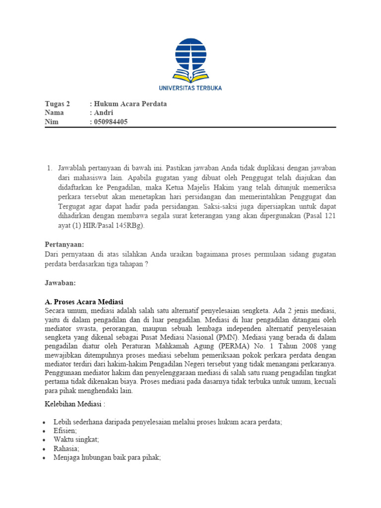 Tugas 2 Hukum Acara Perdata | PDF | Hukum