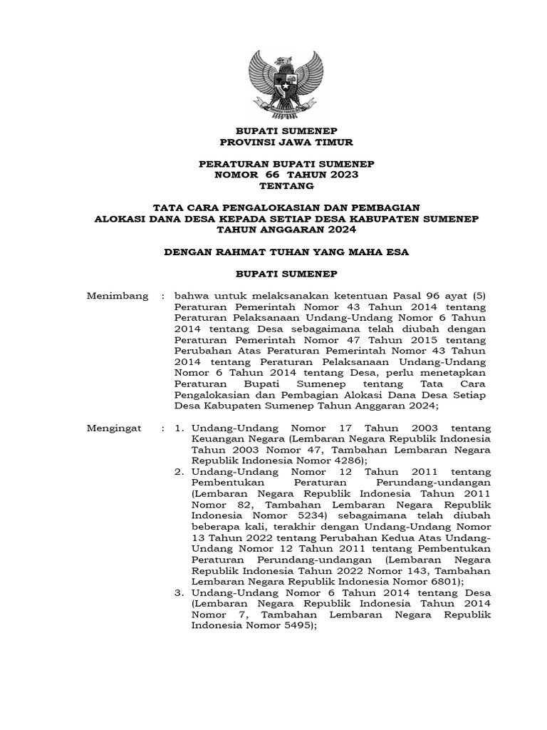 66-2023 Perbup Tata Cara Pengalokasian Dan Pembagian ADD KPD Setiap Desa Kab Sumenep TA 2024 | PDF