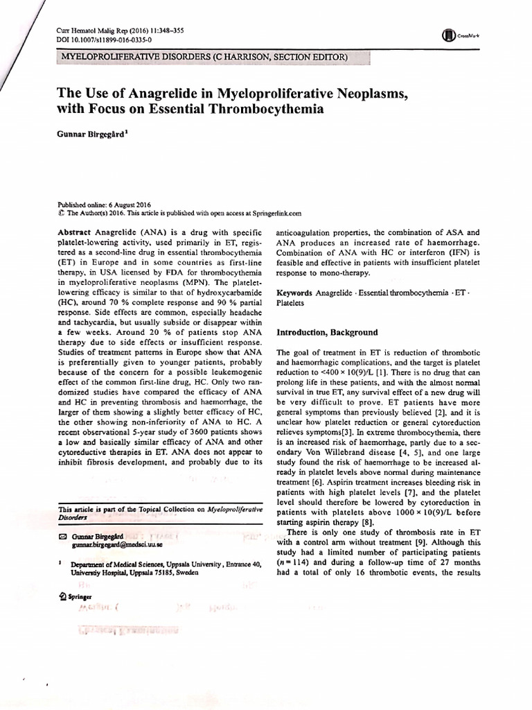 Anagrelide Clinical Appraisal | PDF