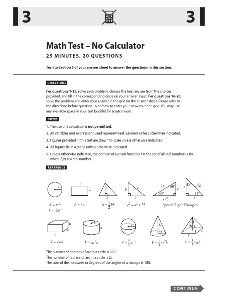 SAT Math Practice Test - No Calculator | PDF | Angle | Mathematical ...