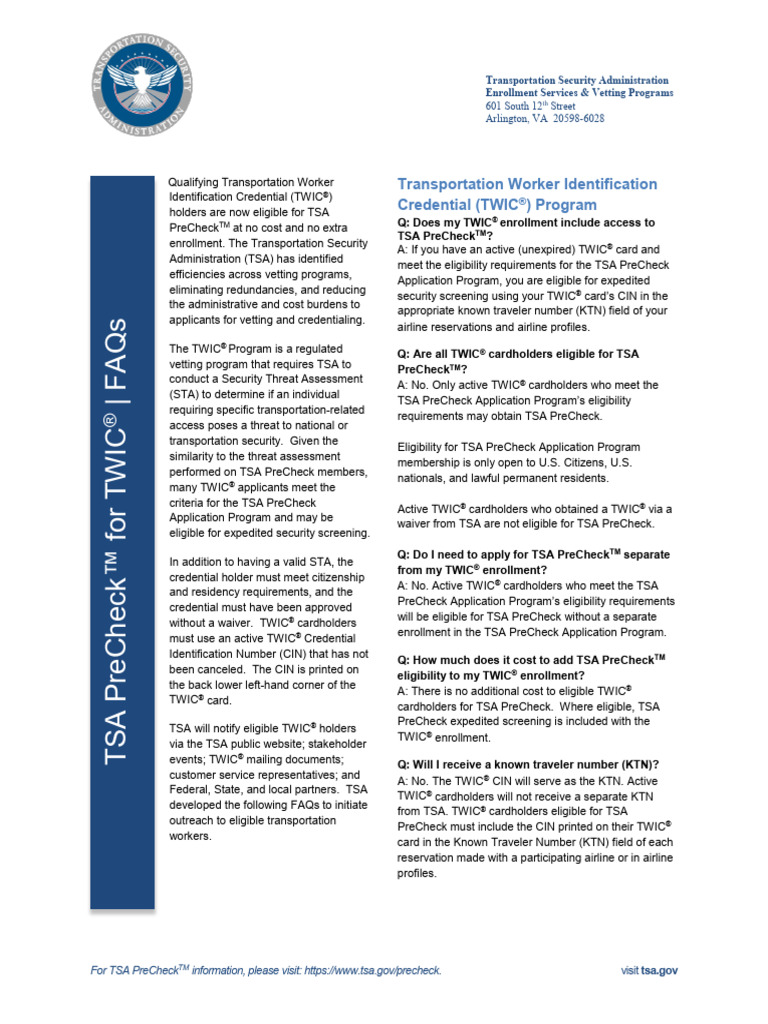 Tsa Precheck For Twic-Faqs | PDF | Transportation Security Administration