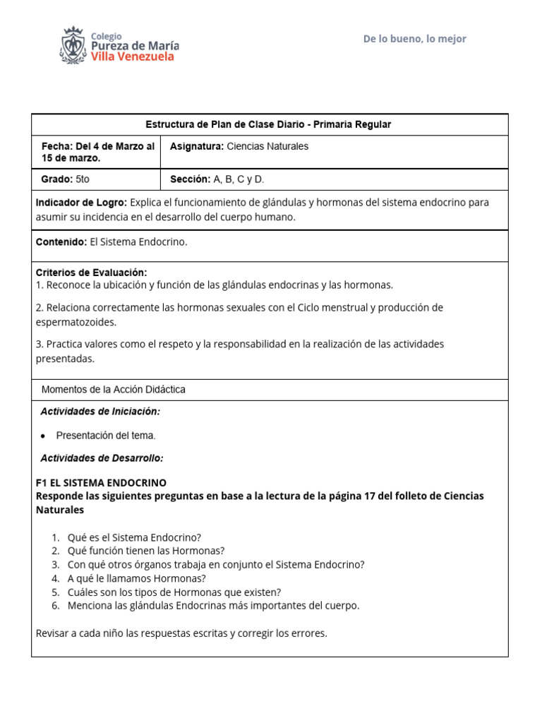 Plan CCNN Del 4 Al 15 de Marzo | PDF | Sistema endocrino | Hormona