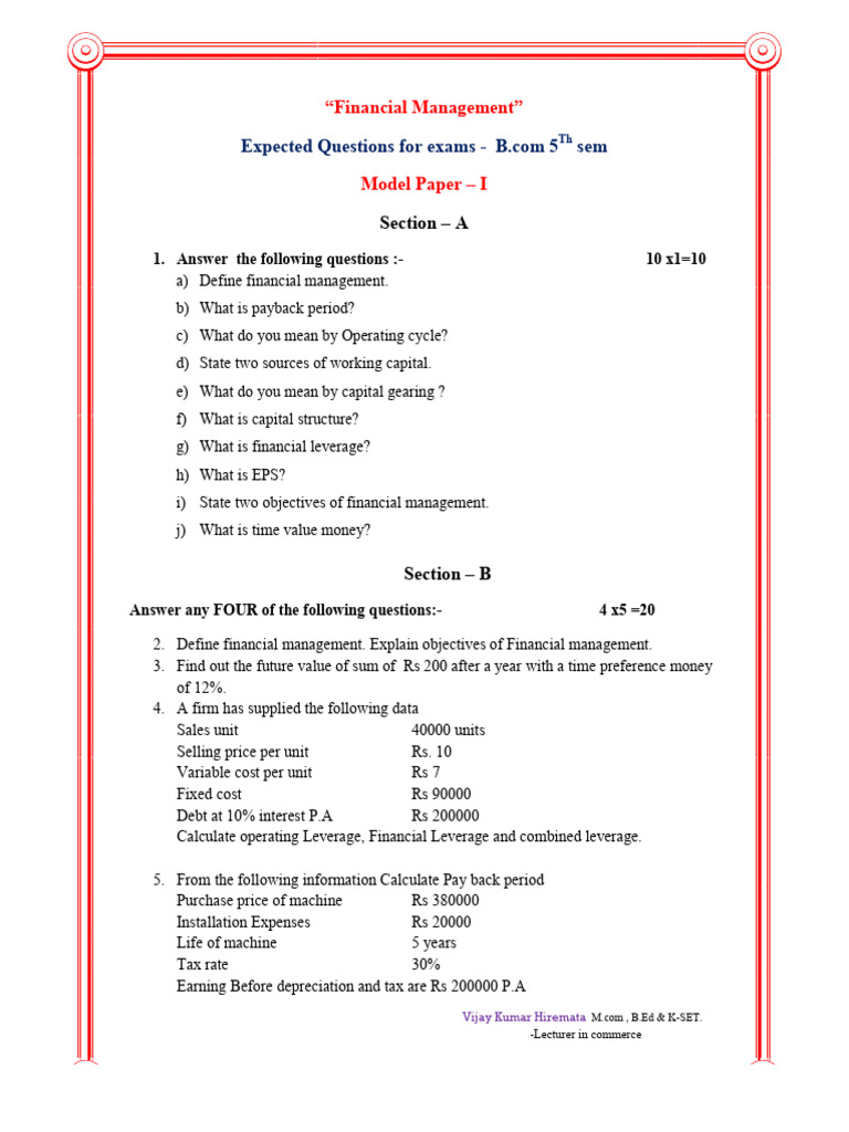 Financial Management Exam Model Papers | PDF | Stocks | Discounting