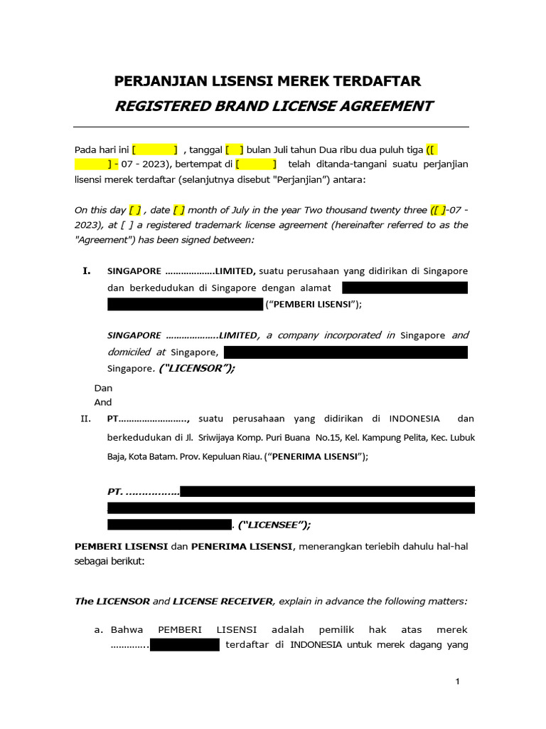 Perjanjian Lisensi Merek Terdaftar | PDF