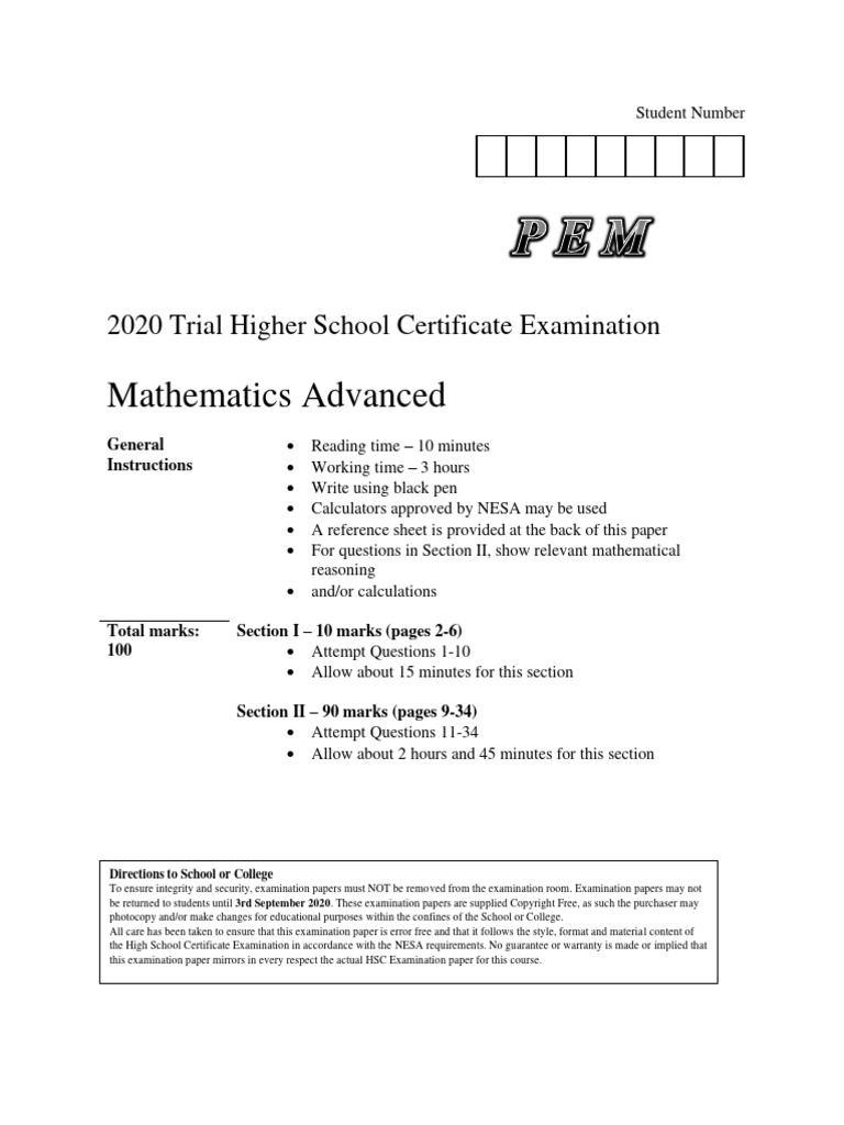 PEM 2020 Mathematics Advanced Trial HSC Exam Paper | PDF | Probability ...