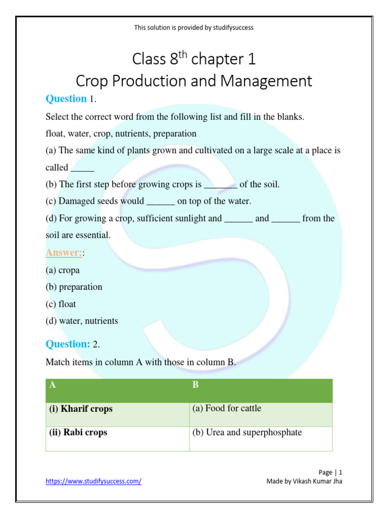 Class 8th Chapter 1 Crop Prodution and Management | PDF | Fertilizer ...