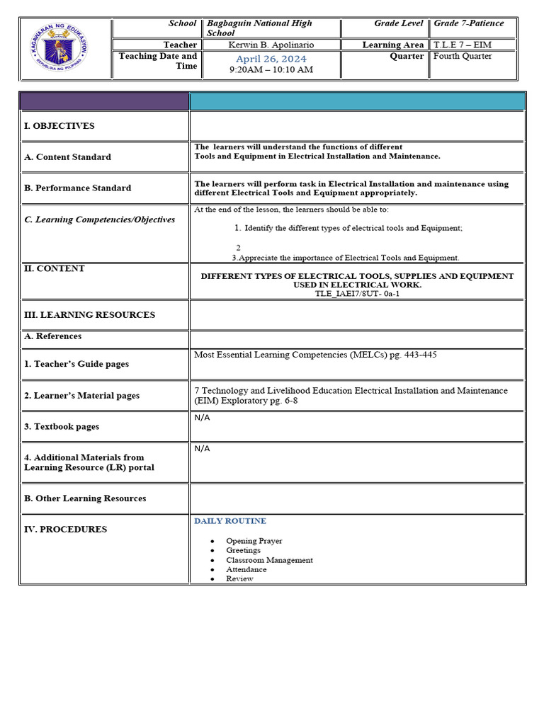 KERWINAPOLINARIO DEMONSTRATION LESSON PLAN Autosaved | PDF | Screw | Tools